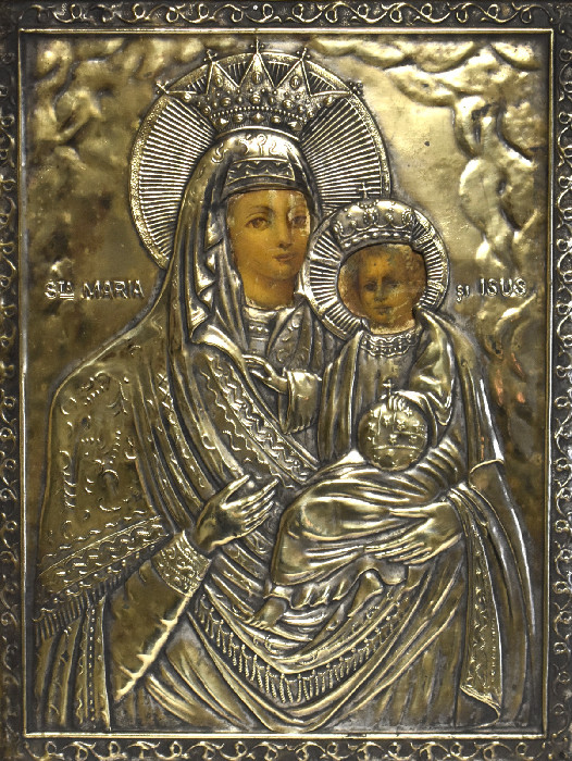 Icoană cu riza argintată – Sfânta Maria și Iisus (interbelică)